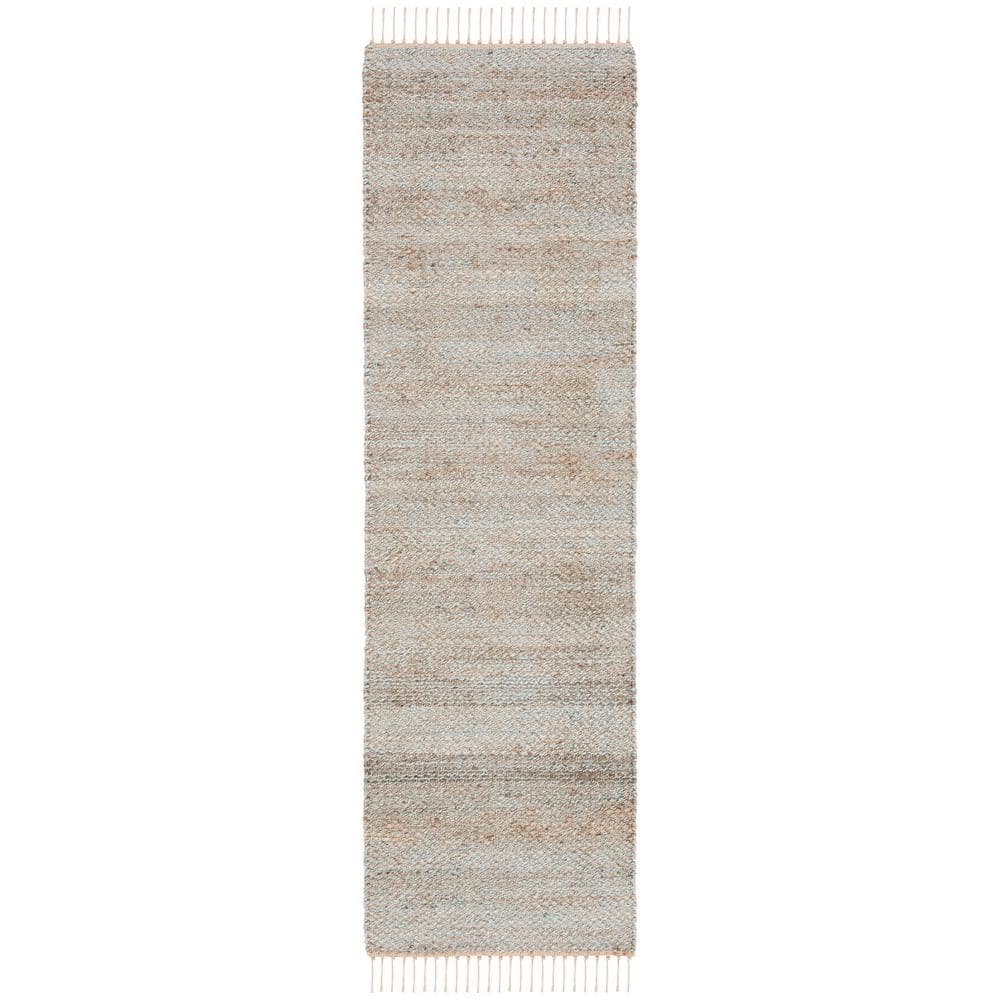 SAFAVIEH Natural Fiber Beige/Teal 2 ft. x 8 ft. Woven Thread Runner Rug ...