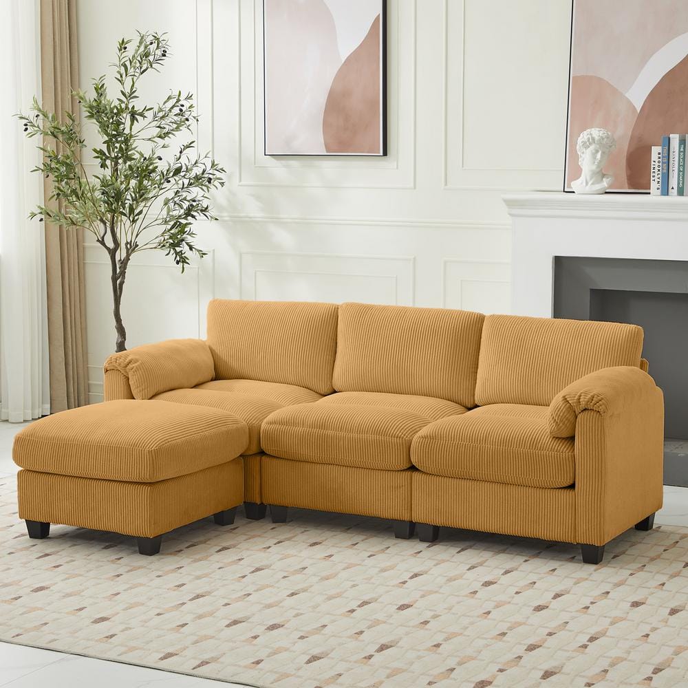 JEAREY 85.37 in. Corduroy Modular Rectangular Yellow Sectional Sofa with Ottoman for Living Room ...