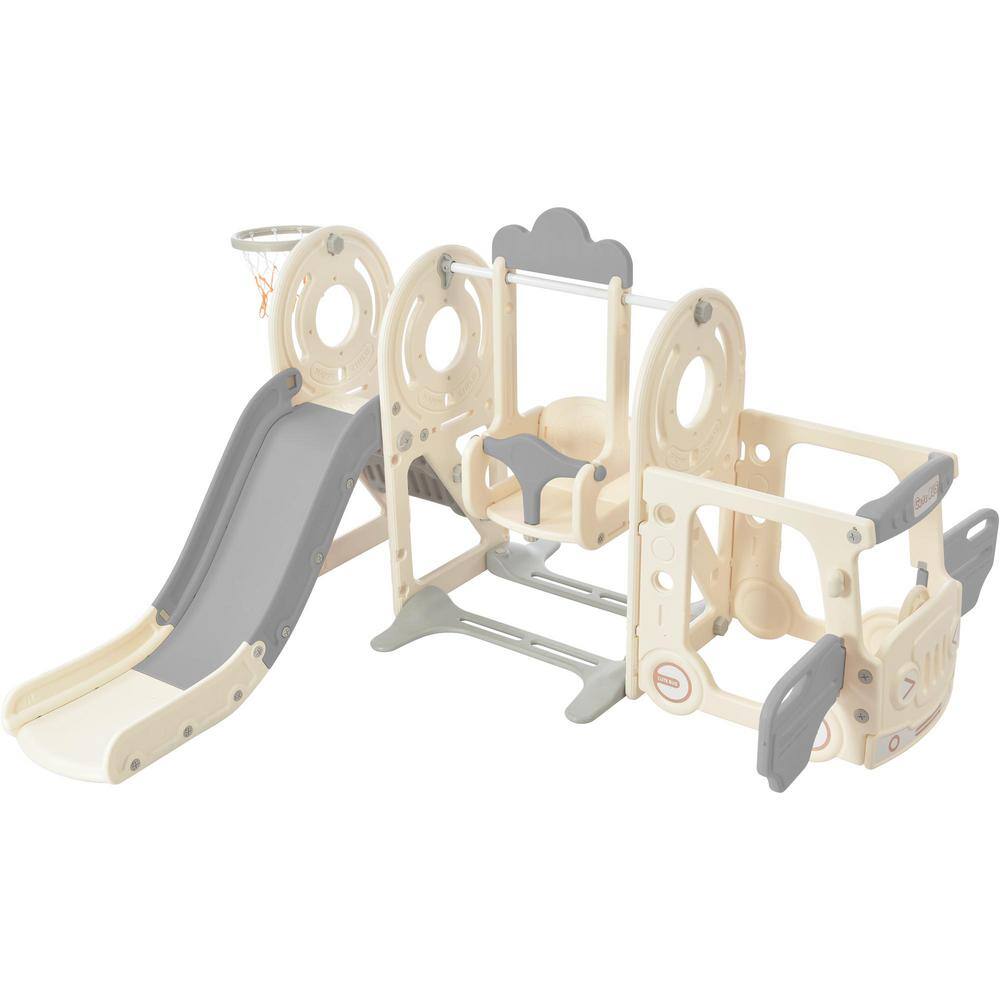 Gray Freestanding Bus Structure Playset with Swing and Basketball Hoop ...