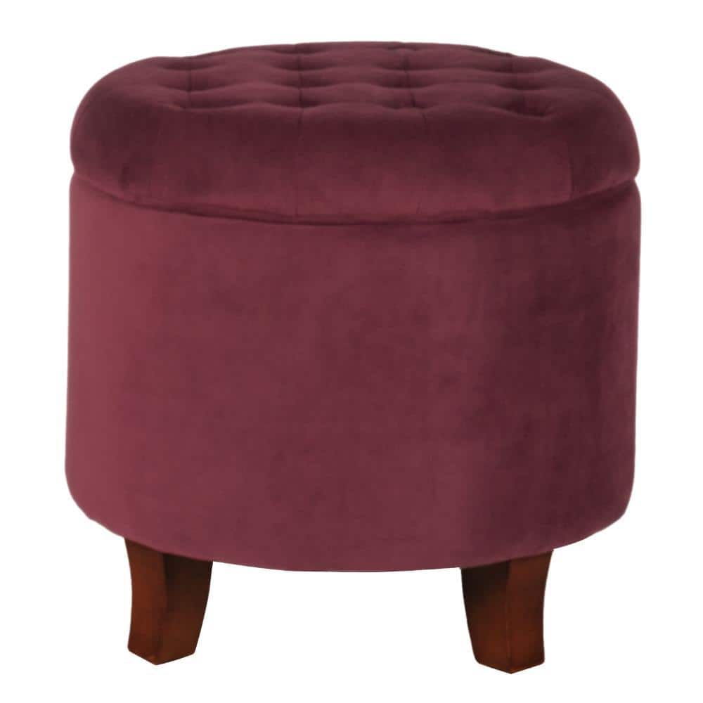 Benjara Red and Brown Tufted Velvet Round Storage Ottoman Medium ...