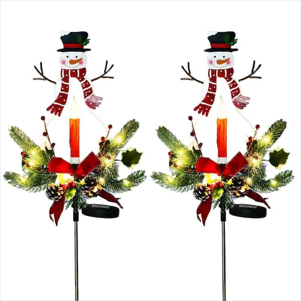 OGETFUUR 2-Piece Solar Snowman Christmas Light Stake with Faux Pine ...