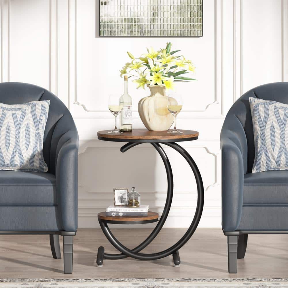 BYBLIGHT Kerlin 20 in. Brown Black Wood Round Side Table, 2-Tier ...