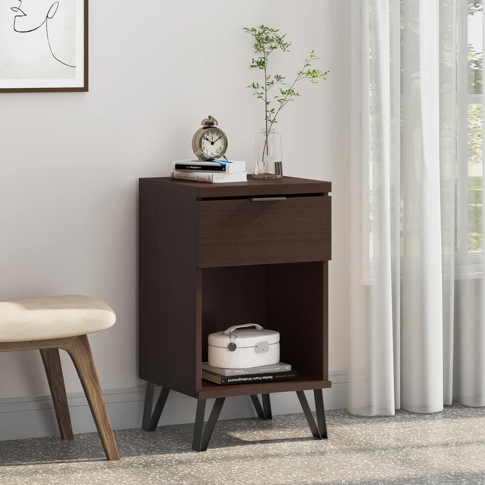 Noble House Maurers 1-Drawer Walnut and Matte Black Tall Nightstand ...