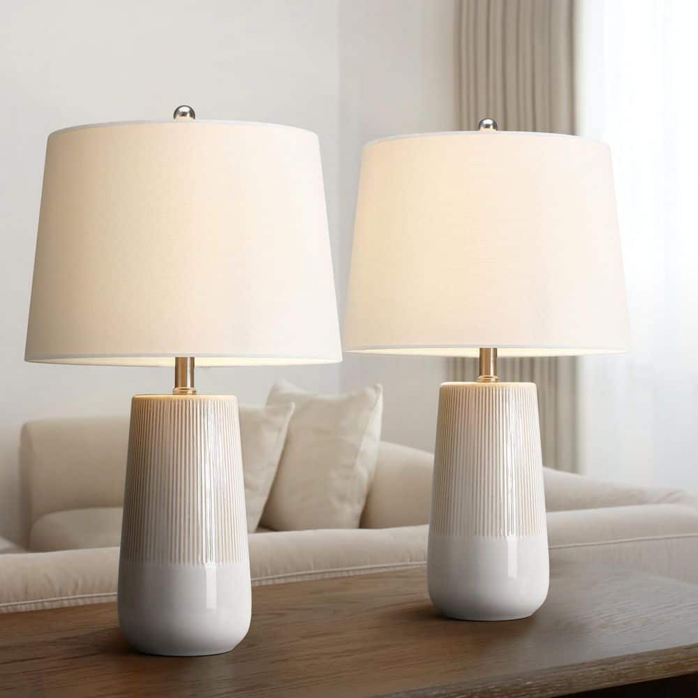 TRUE FINE 23 in. 3-Way White Ceramic Table Lamp Set with White Shades ...