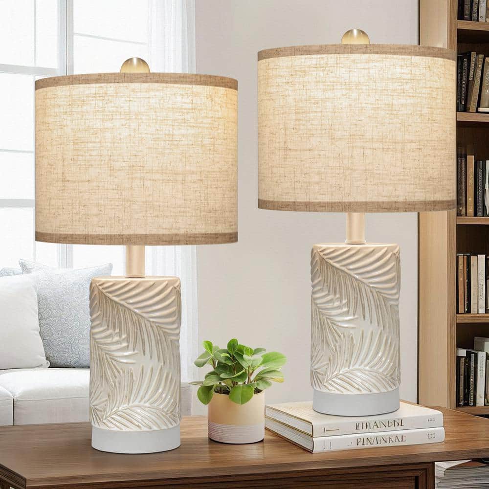 BICIK 20 in. Beige Ceramic Bedside Table Lamp Set with Beige Linen ...