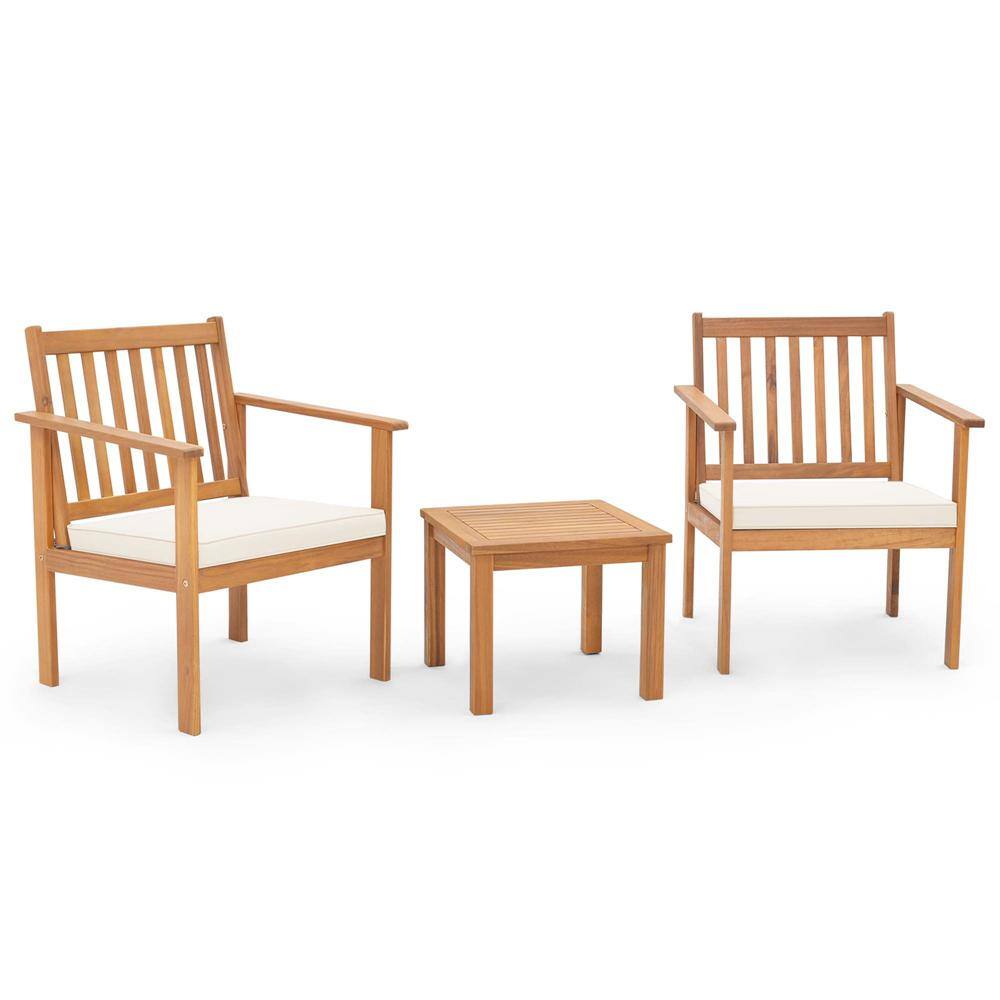 Costway 3-Piece Wood Patio Conversation Set with White soft Cushions ...