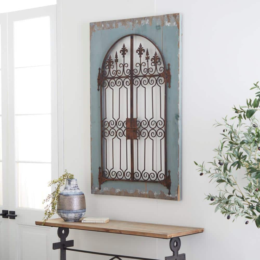 Litton Lane 33 in. x 50 in. Wood Blue Window Pane Inspired Scroll Wall ...