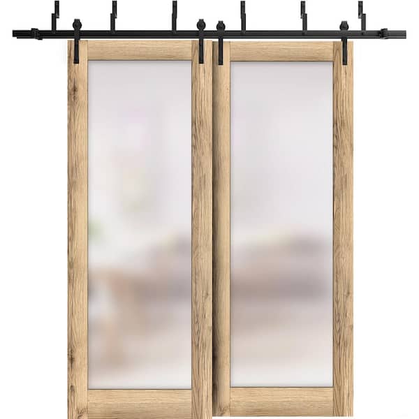 Sartodoors 84 in. x 96 in. 2 Panel Frosted Glass Oak Solid Wood Sliding ...