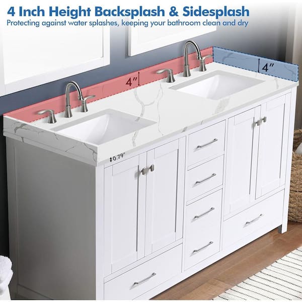 NTQ Etyi 66 in. W x 22 in. D Engineered Stone Vanity Top Rectangular ...