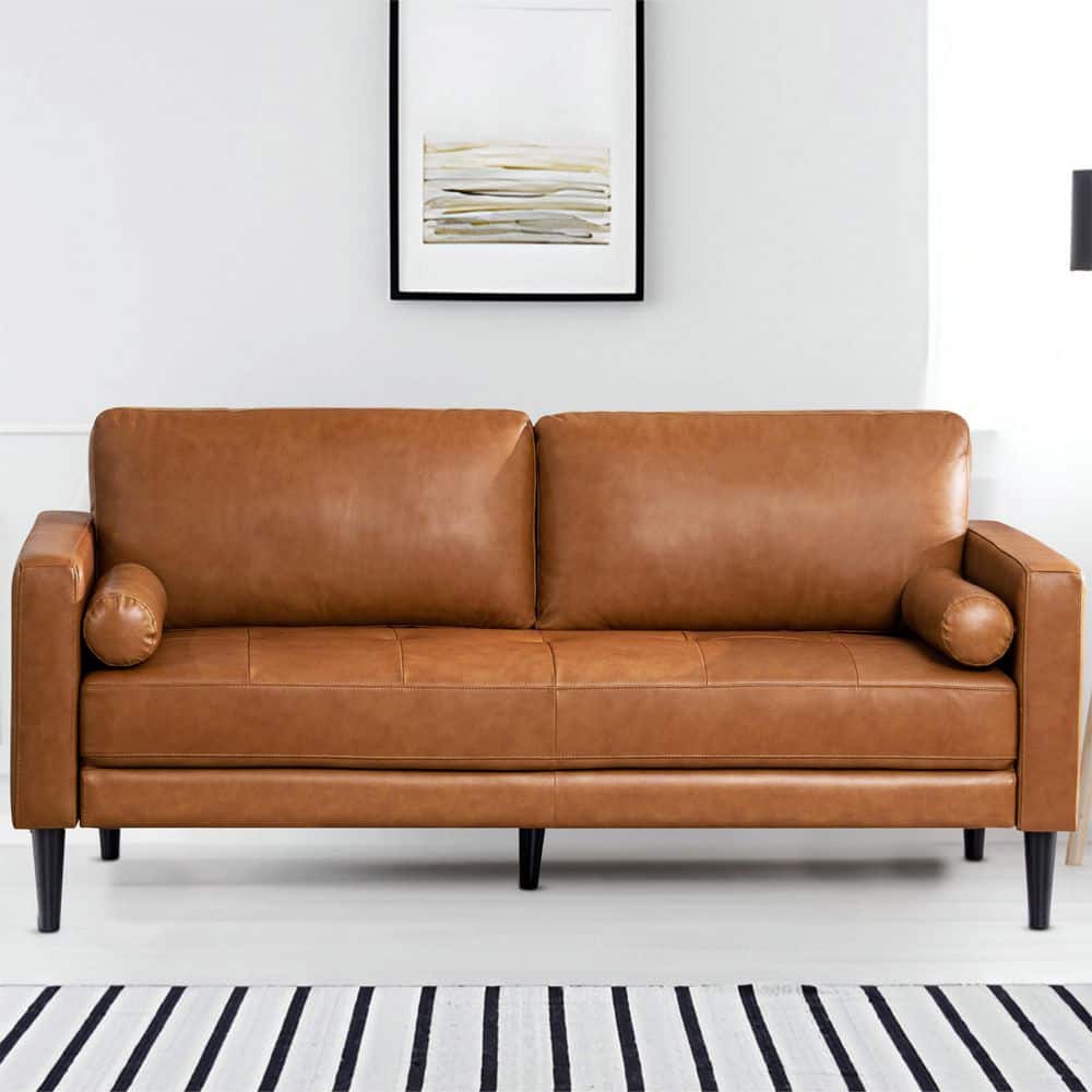 HOMESTOCK 73.23 in. Square Arm Tan Air Leather Square Sofa in Sofa ...