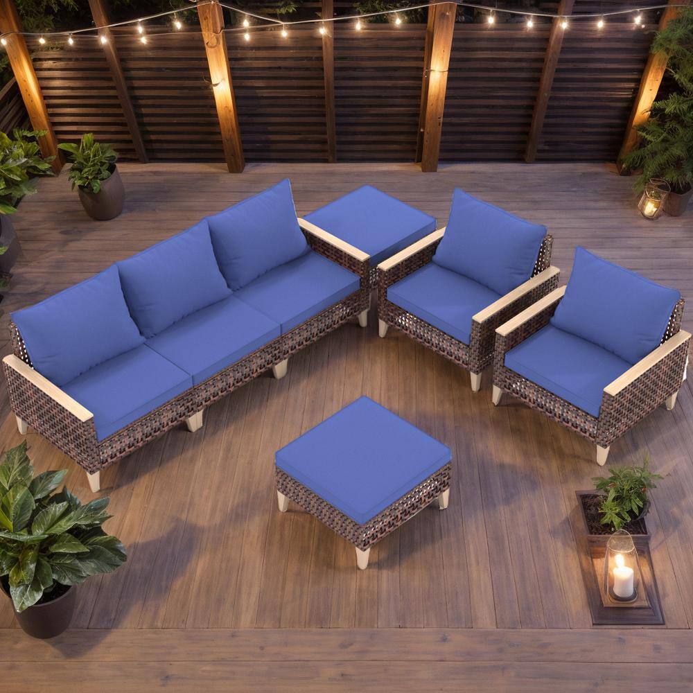 7-Piece Wicker Outdoor Sectional Set, Patio Conversation Set with Removable Washable Blue ...