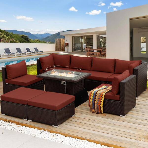 FINCATI Modern 9-Piece Espresso Rattan Patio Sectional Deep Seating ...