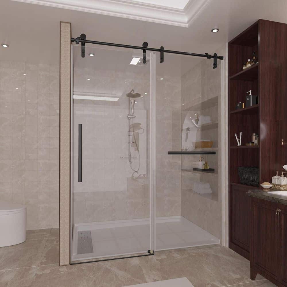 KULLAVIK 56- 60 in. W x 75 in. H Sliding Frameless Shower Door/Enclosure in Stainless Steel with ...