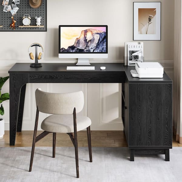 BYBLIGHT Moronia 57.1 in. Black Wood Computer Desk with Cabinet and ...