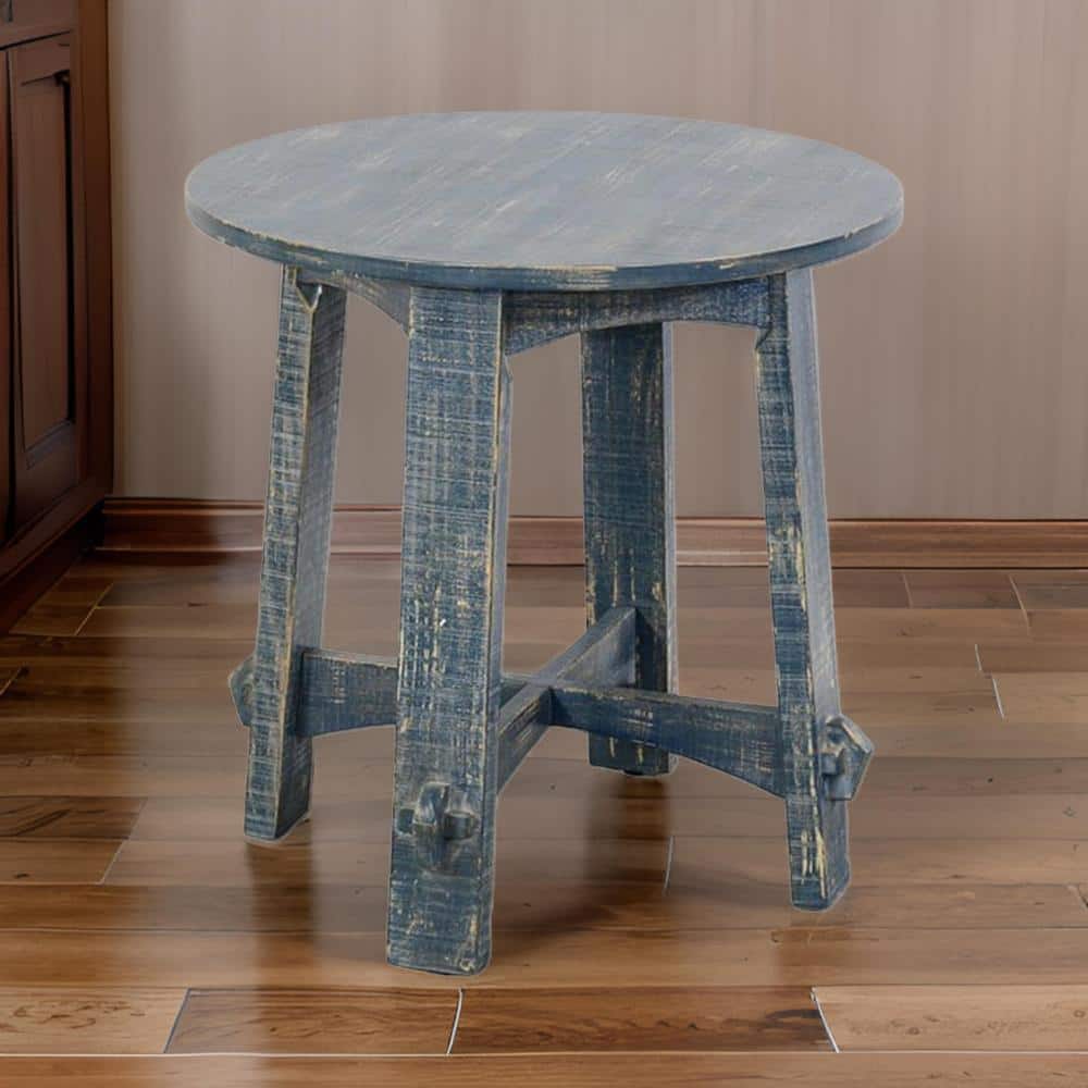 Benjara 24 in. Blue Round Wooden Top End Table BM325158 - The Home Depot