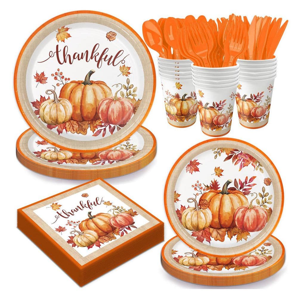 Anqtovp 24-Piece Orange Plastic Thanksgiving Dinnerware Set for Fall Party Decorations (Service ...