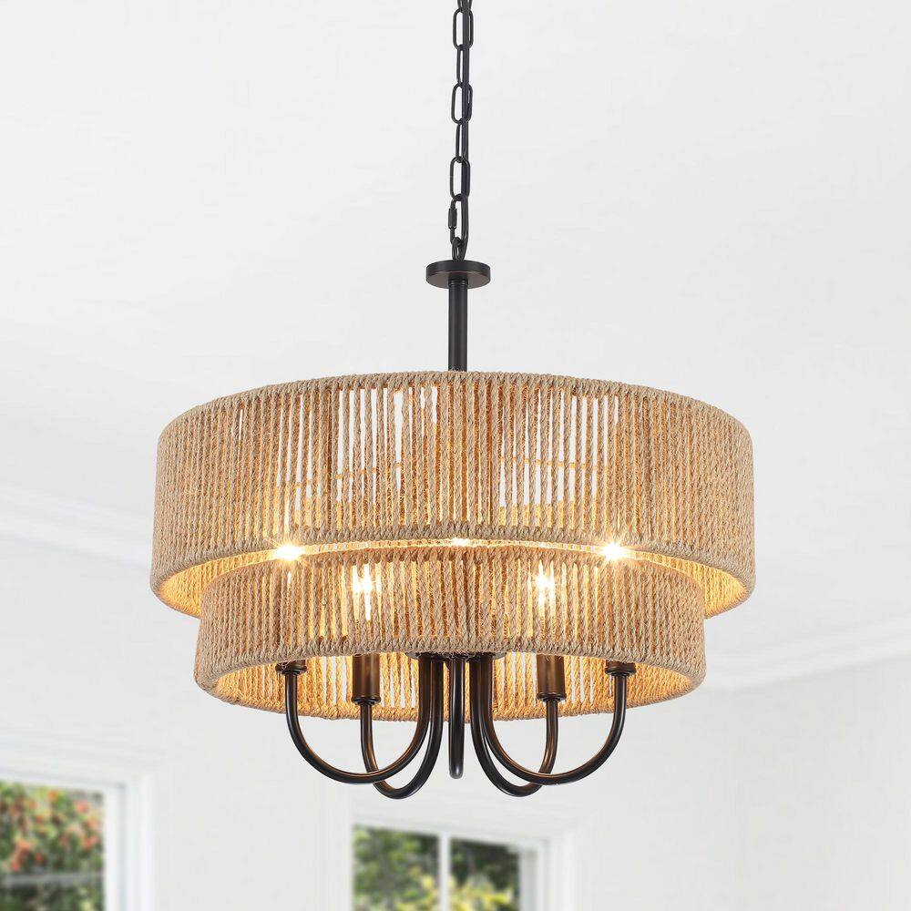 ADSENSTY 5 Light 2-Tier Black Drum Rattan Hemp Ropes Chandelier for ...