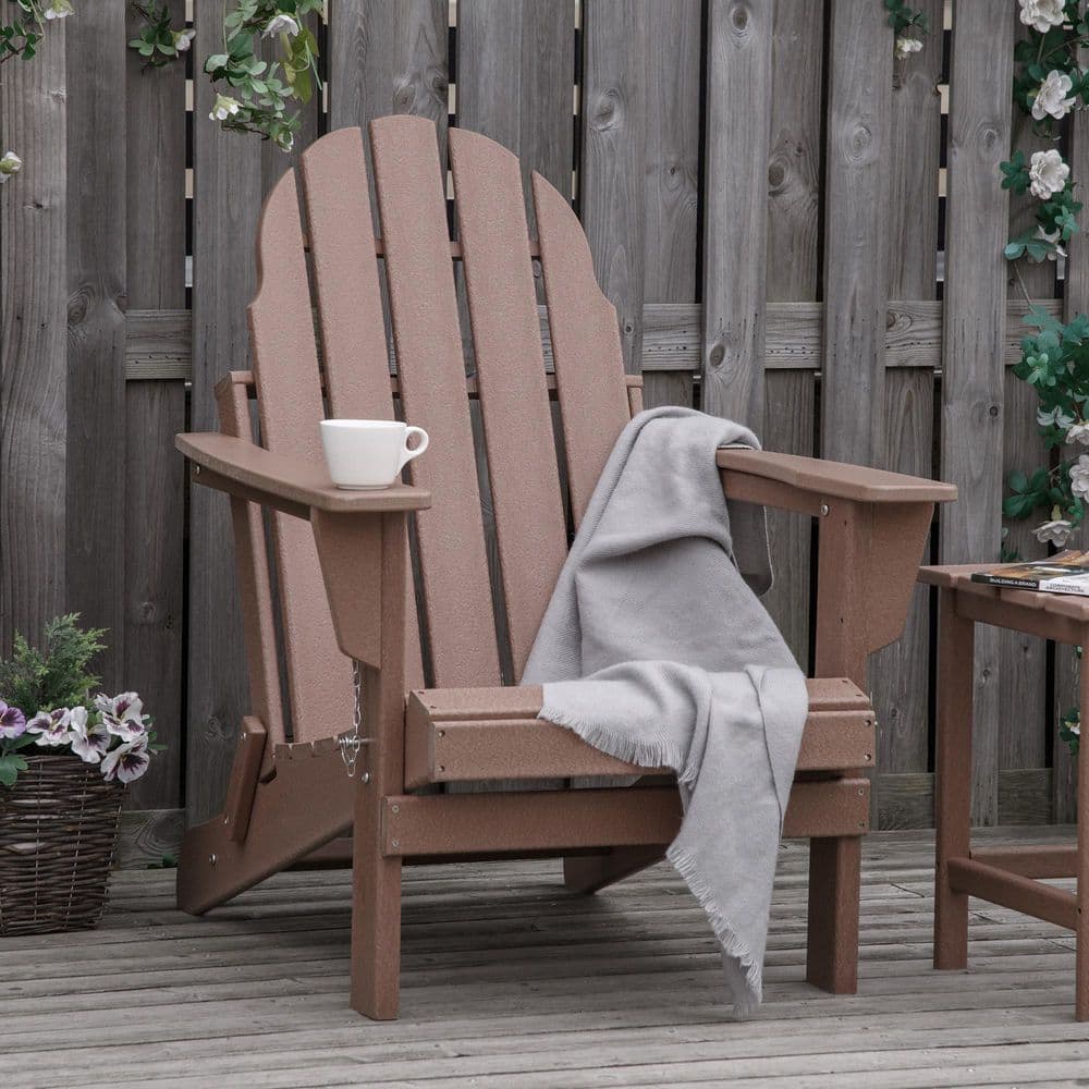 Brown Folding Weather-Resistant HDPE Faux Wood Adirondack Chair for ...