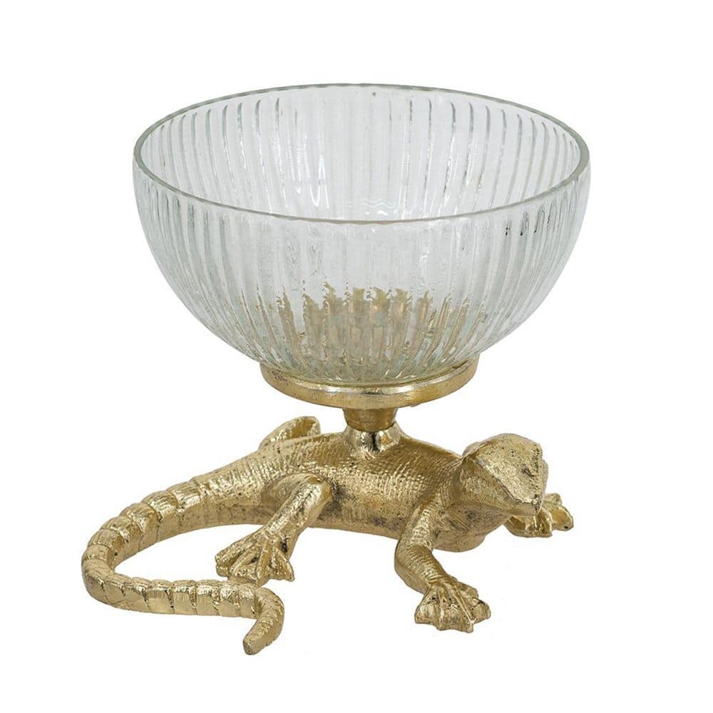 5 in. Gold Metal Lizard Pedestal Decorative Bowl with Ribbed Glass Dish ...