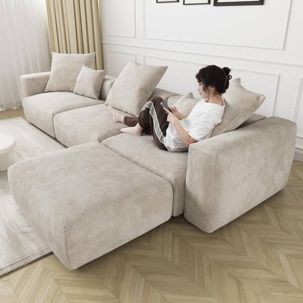 Magic Home 118 in. Armless Oversized Exra Large 3 Piece Corduroy Modular Grand Sectional Sofa Rearrangeable Couch in Beige MH SF126BE M3 3