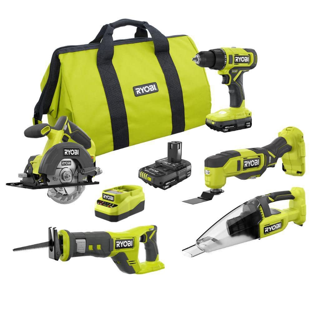 RYOBI ONE+ 18V Lithium-Ion Cordless 5-Tool Combo Kit Special Buy with ...