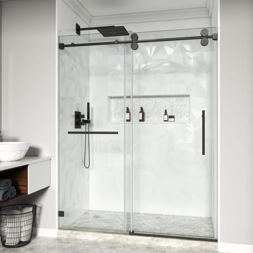 MOHALEN 56-60.5 in. W x 79 in. H Single Sliding Frameless Shower Door in Matte Black with 3/8 in ...