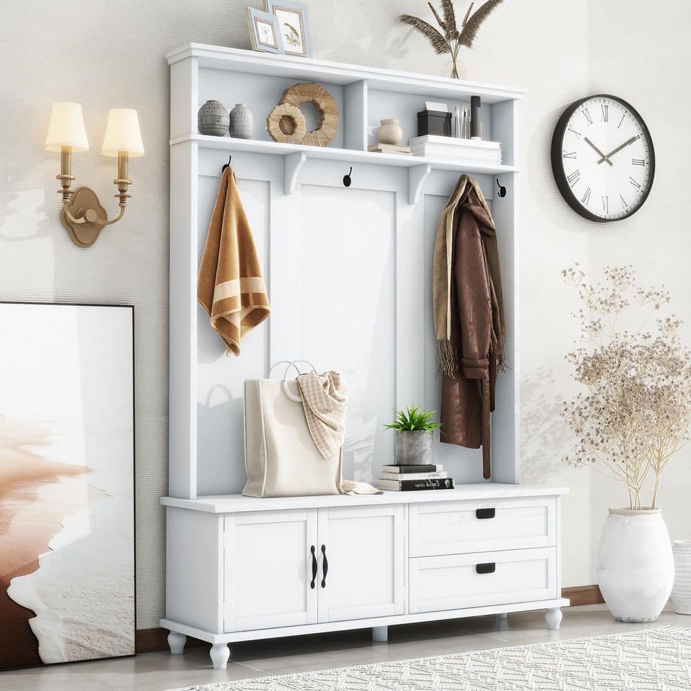 Noble House Rory Modern White 80.3 in. Hall Tree with Mudroom Bench ...