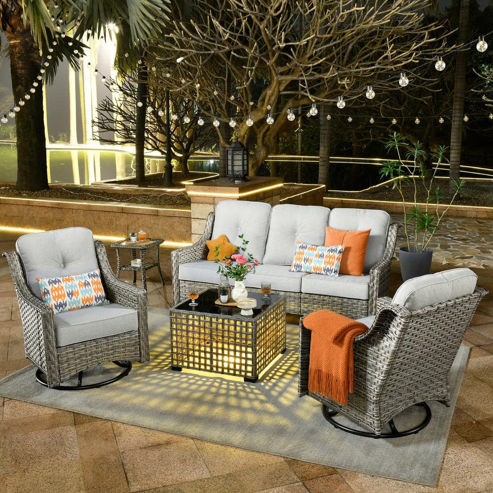 OVIOS Palffy Gray 5-Piece Wicker Patio Conversation Seating Set with ...
