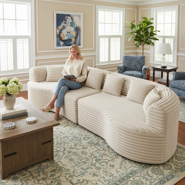 Homy Casa ETKO 106.3 in. Round Arm 1-Piece Corduroy Curved Deep Seat Sectional Sofa with 6 ...