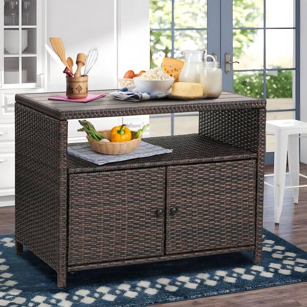 Zeus Ruta 35.43 in. W x 21.26 in. D x 26.38 in. H Brown Rattan Wicker Outdoor Storage Cabinet Tea Cabinet for Porch Balcony