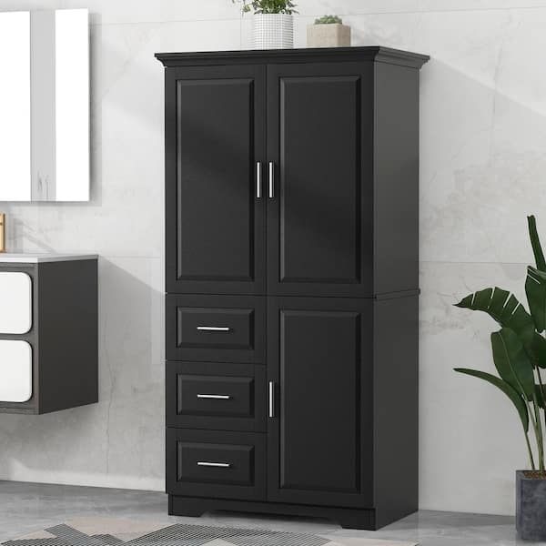 Modern 32.6 in. W x 19.6 in. D x 62.2 in. H Black Linen Cabinet Tall and Wide Floor Storage with Doors W FXO 96 The Home Depot