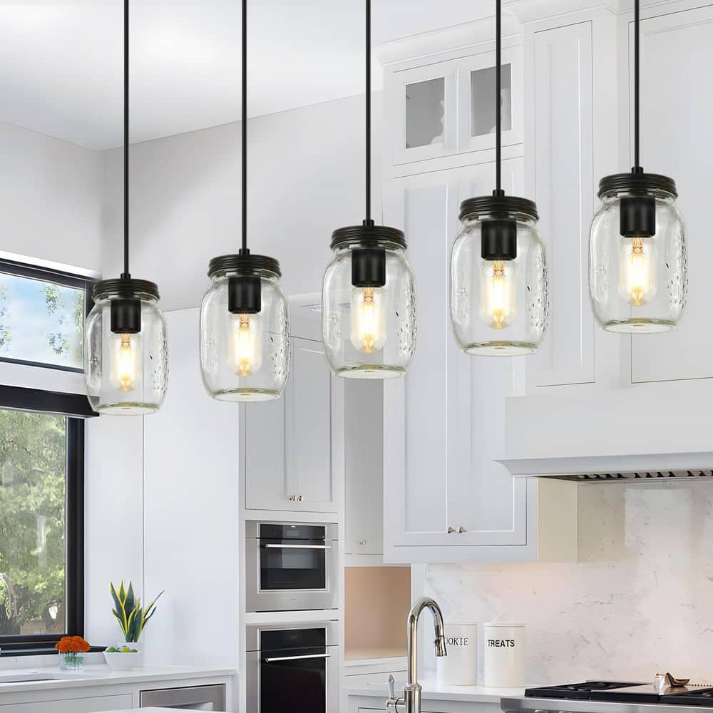 TinHon 5-Light Glass Mason Jar Pendant Light, Matte Black Farmhouse ...