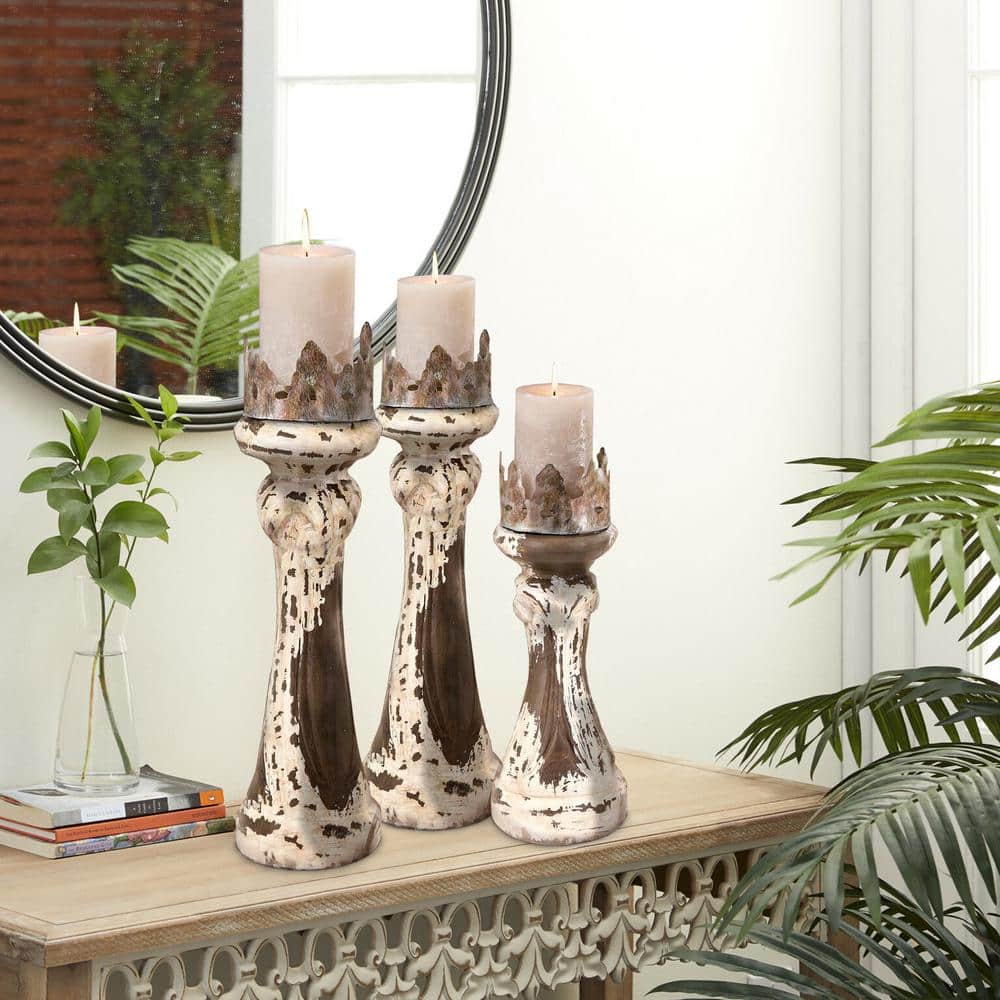 Benjara Feliciano White and Brown Hand Carved Wood Candle Holder (Set ...