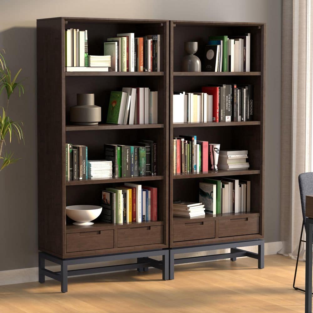 Simpli Home Banting 66 in. Tall Walnut Brown Solid Wood 4-Shelf ...