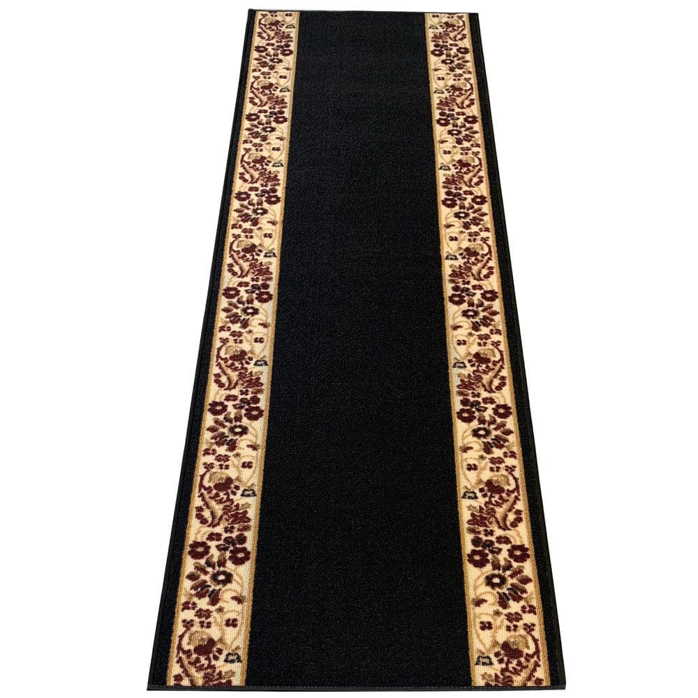 PLAYA RUG Flower Border Black 26 in. W x 50 ft. L RunnerRug/Stair ...