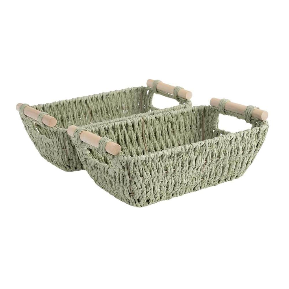 Green 12 in. x 4.5 in. Paper Decorative Basket Set of 2 with Wooden ...