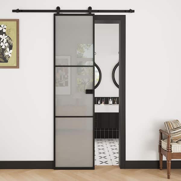 ARK DESIGN 24 in. x 80 in. 3 Lite Frosted Glass Black Aluminum Assembly ...