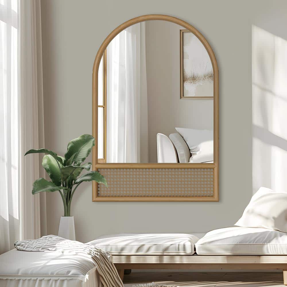 Dovelina 24 in. W x 36 in. H Wood Bottom Rattan Arch Hanging Mirror ...