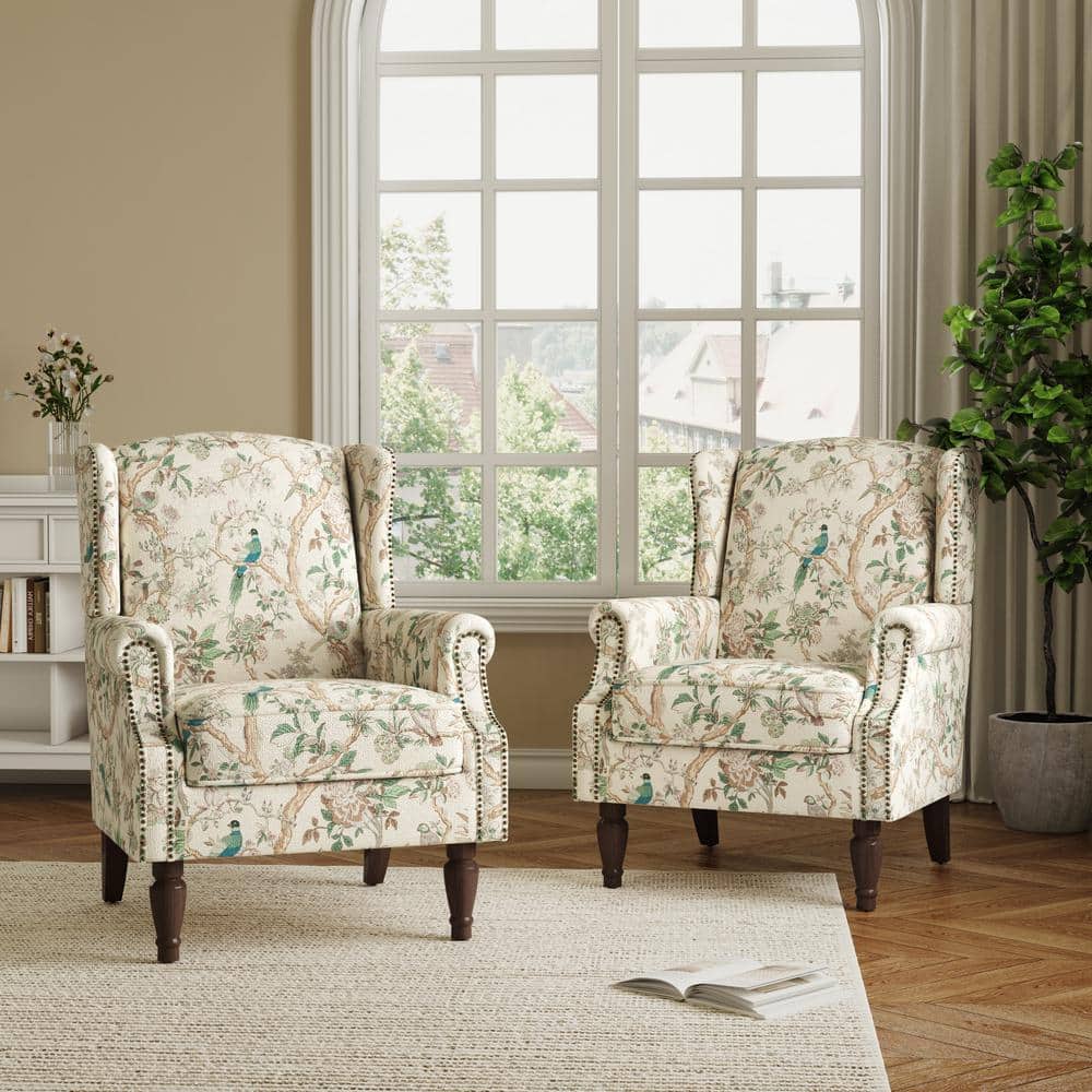 Uixe Bird Pattern Linen Upholstered High Back Accent Arm Chair with ...