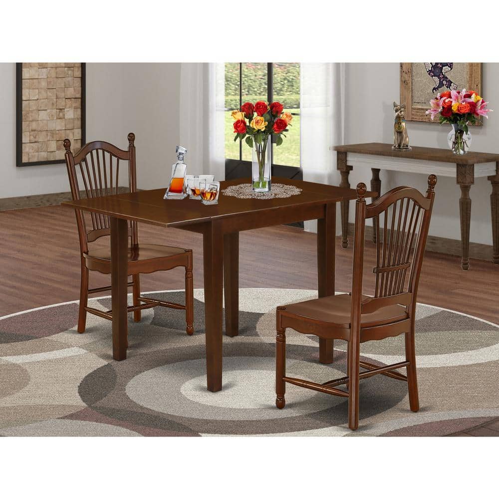 East West Furniture 3-Piece Mahogany Finish Solid Wood Top Dining Table ...