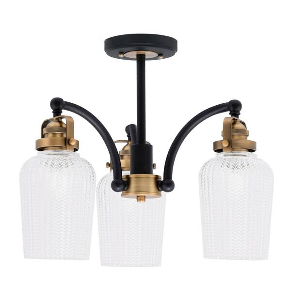 Decatur 16 in. 3 Light Black and Brass Semi-Flush with 5 in. Clear ...