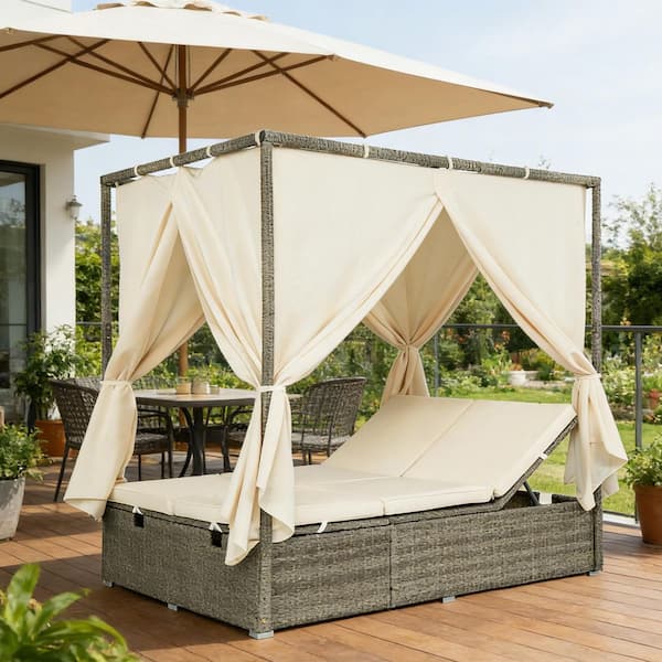 Gray Wicker Outdoor Day Bed with Beige Cushions, Adjustable Sun Bed ...