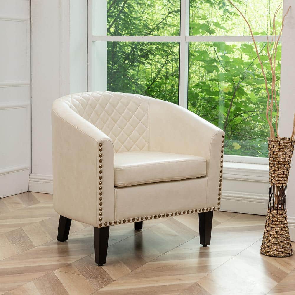 KINWELL Cream Modern Faux Leather Upholstered Accent Tufted Club Chair ...