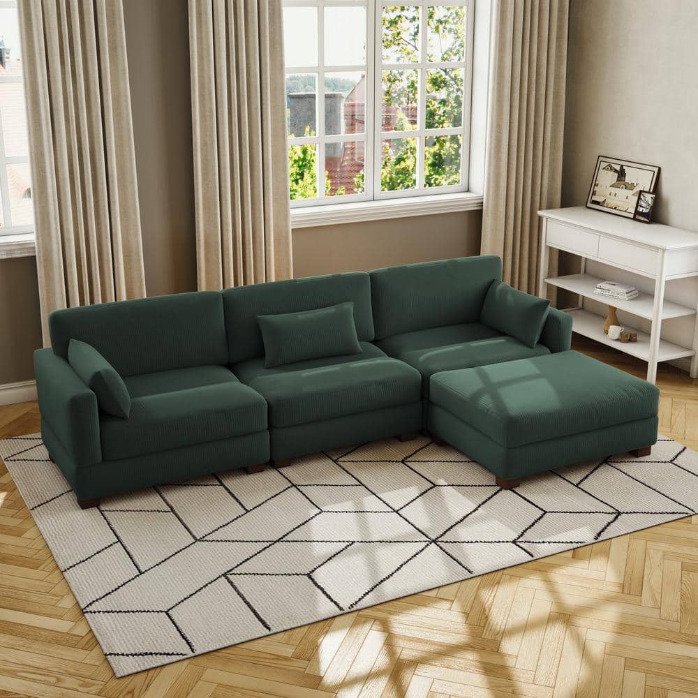 Uixe 123 in. Square Arm 4-piece Corduroy Upholstered L-Shaped Sectional Sofa in Hunter Green ...
