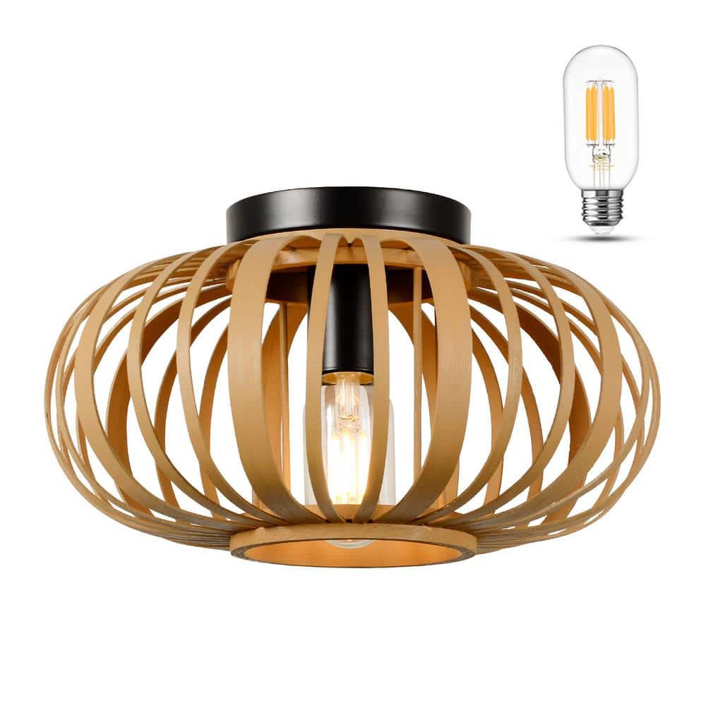 Tatahance 11.8 in. 1-Light Brown Bamboo LED Flush Mount Light with ...