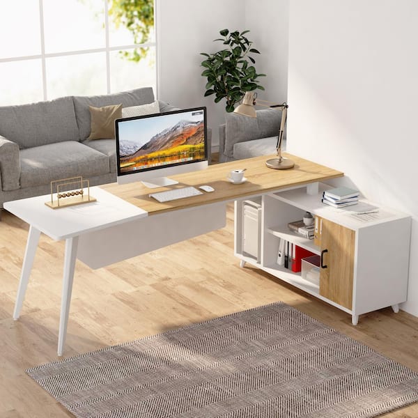 BYBLIGHT Lanita 79 in. L-Shaped White Wood Computer Desk with File ...