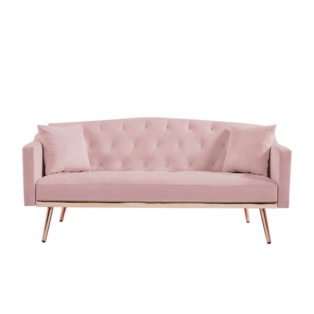 URTR 64.9 in. Pink Velvet Sofa Bed Living Room Button Tufted Sofa Couch ...