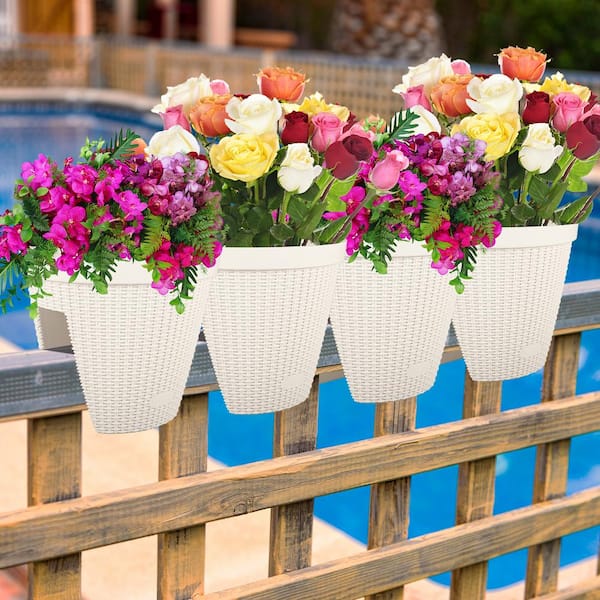 Aoodor 12 in. White Plastic Rattan Pattern Balcony Railing Planter Box 4 Pack