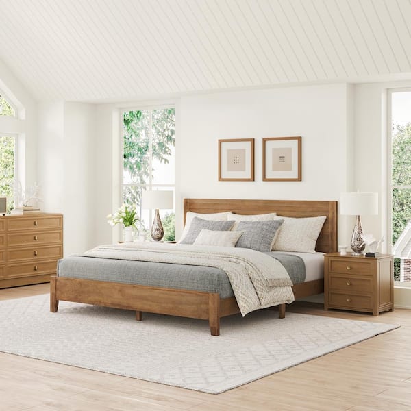 Lazio Mid Century Brown Wood Solid Wood Frame King Size Platform Bed Frame with Headboard Wooden Slat Support