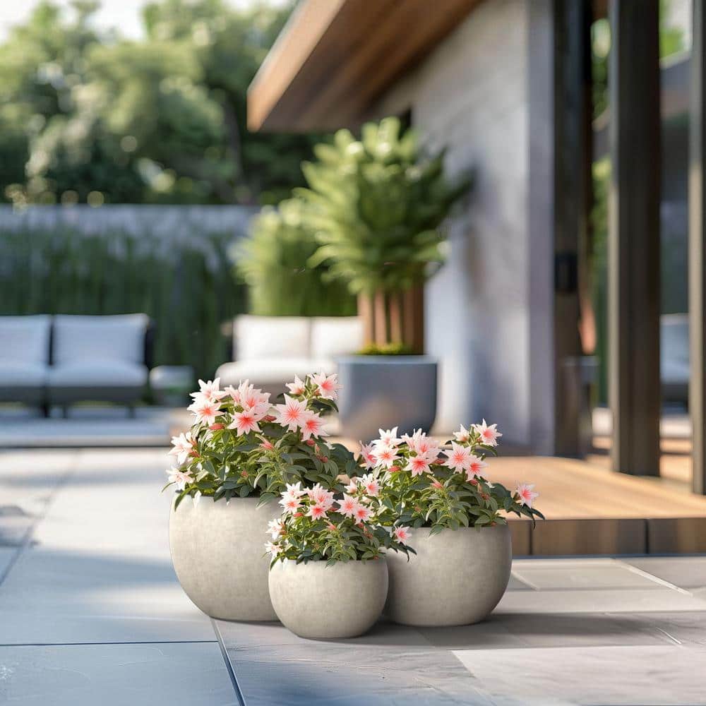 Sapcrete 11.5 in.,15 in.,19 in. Large Light Gray Concrete Round planter ...